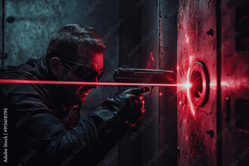 Stealthy infiltrator disguised as a guard aims a laser-guided gun at a ...