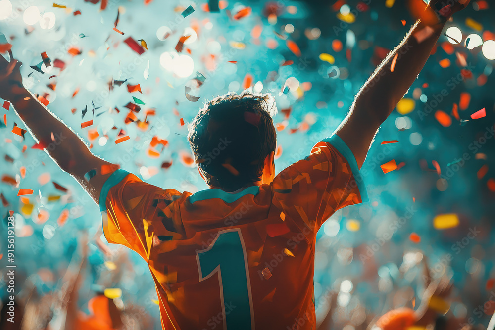 Triumph celebrated in vibrant colors as a victorious athlete lifts arms ...