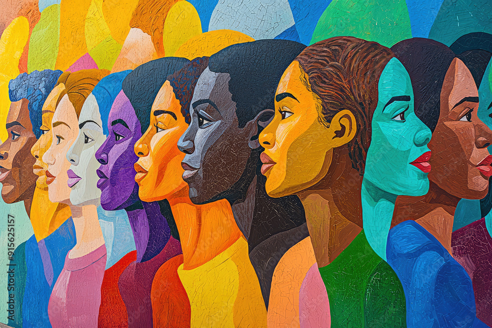 A vibrant mural portraying a row of diverse faces in profile, capturing ...