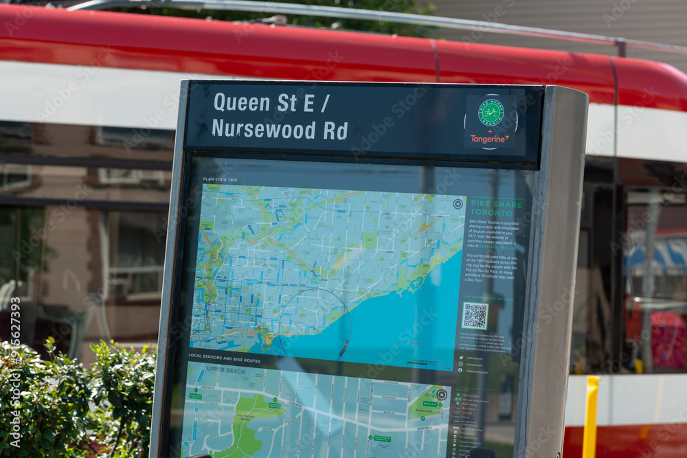 Bike Share Toronto kiosk map at station located at Queen Street East ...