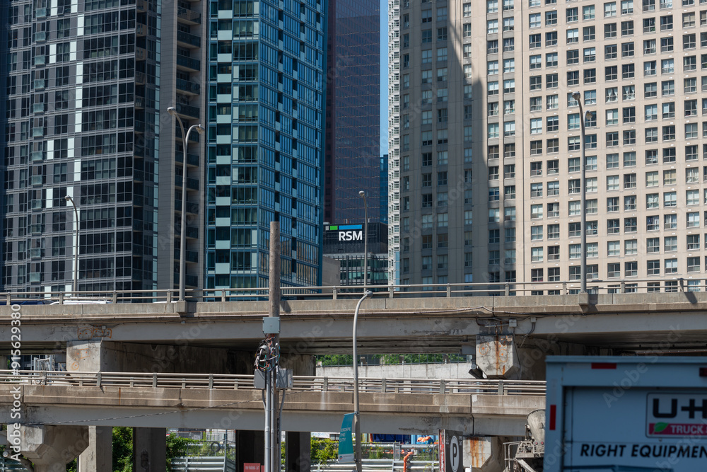general view of buildings in downtown Toronto, Canada with Gardiner ...