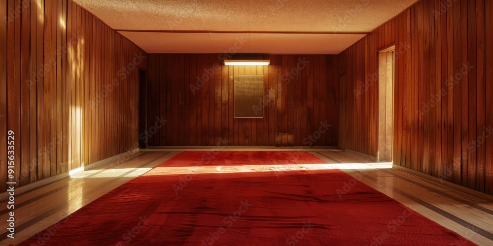 Empty room inside a house with wood panelled walls and red carpet on ...