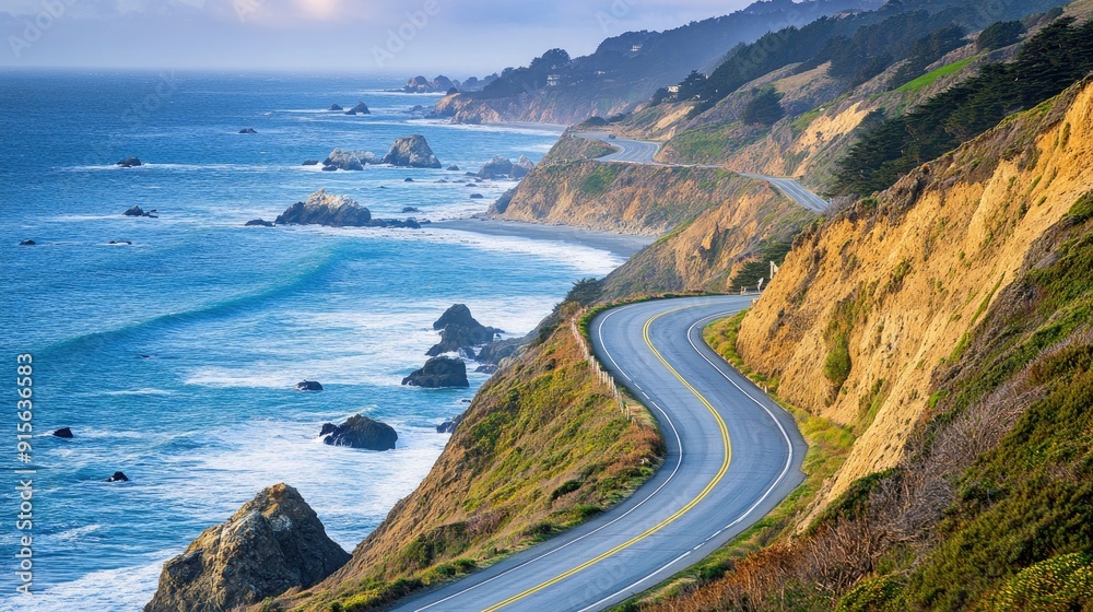 Scenic coastal drive with breathtaking ocean views, winding road, and ...