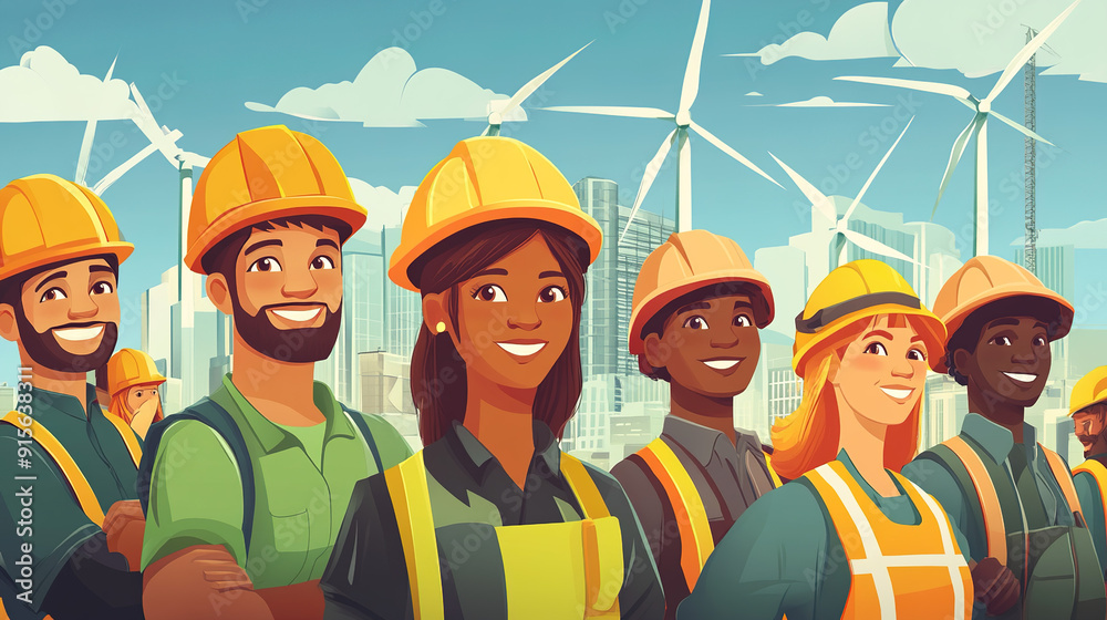 Diverse construction team in cartoon vector style, smiling and wearing ...
