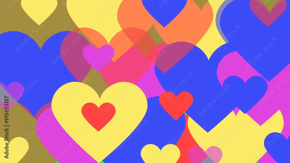 A colorful and vibrant animation of hearts in motion animation on green ...