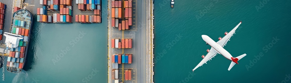 Aircraft flying over port with shipping containers and vessel ...