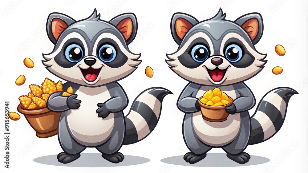 Adorable raccoon cartoon character showcases various emotions and poses ...