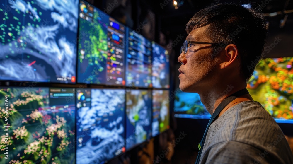 a meteorologist study weather patterns on multiple screens in a high ...