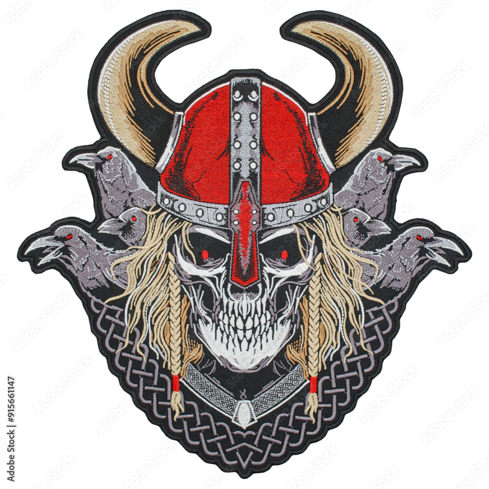 Embroidered patch with Viking skull in horned helmet with Ravens ...