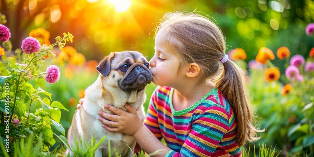 Adorable young girl gently kisses the forehead of her beloved pet Mops ...