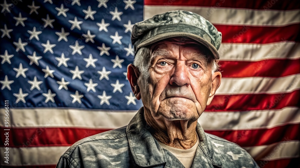 Aging veteran with wrinkled face, worn uniform, and proud gaze ...