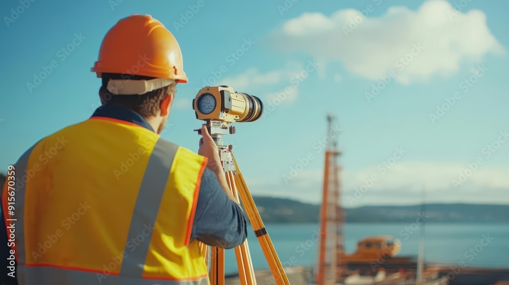 Engineer and surveyor examining the horizon through the theodolite ...