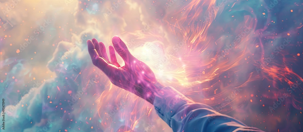 Beaming Reiki Healing Energy Male parallel hands oriented upwards with ...