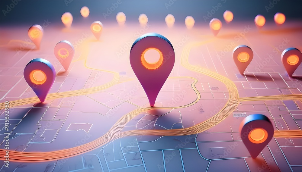 3D isometric city map with pin mark and glowing line move path Stock ...