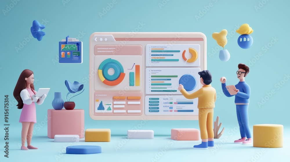 3D cartoon illustration showcasing a virtual dashboard full of ... 3D cartoon illustration showcasing a virtual dashboard full of ...