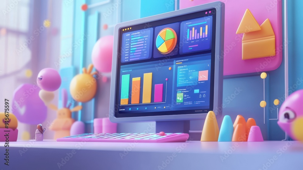 3D cute cartoon illustration showcasing a virtual dashboard full of ...