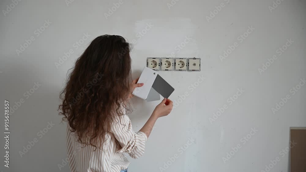 Woman comparing paint color swatches against a wall with electrical ...