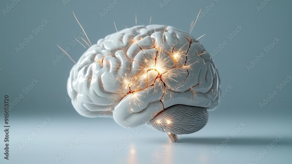 Brain with visible cracks and neural sparks, illustrating the concept ...