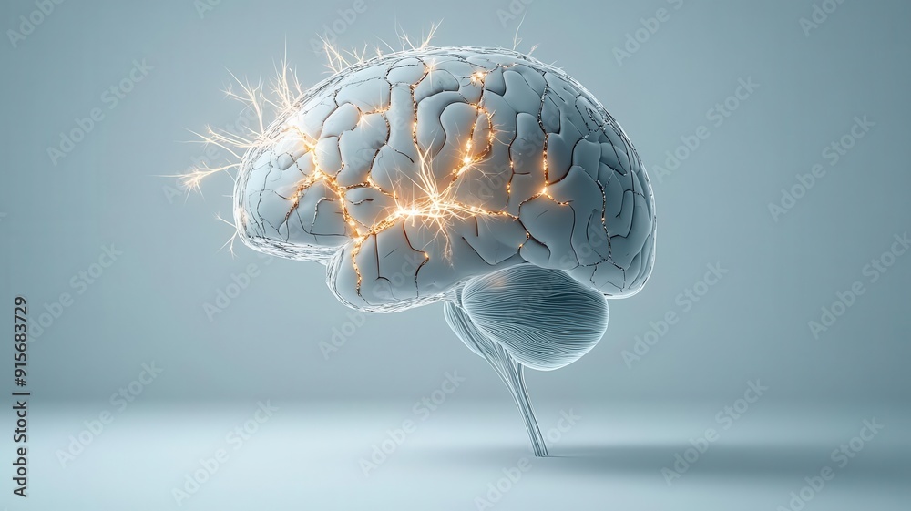 Brain with visible cracks and neural sparks, illustrating the concept ...