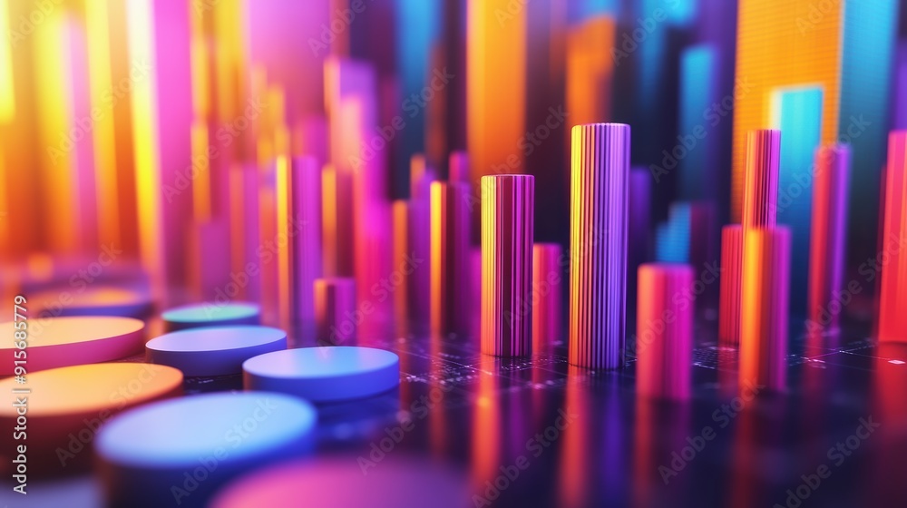A vibrant 3D visualization of bar graphs and circular data points ...