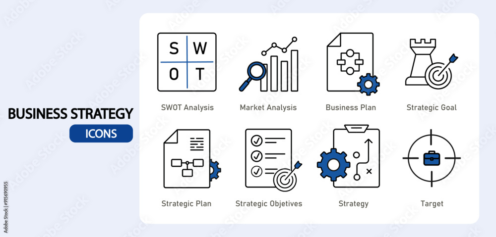 Business strategy icons. Set of icons related to the process of ...