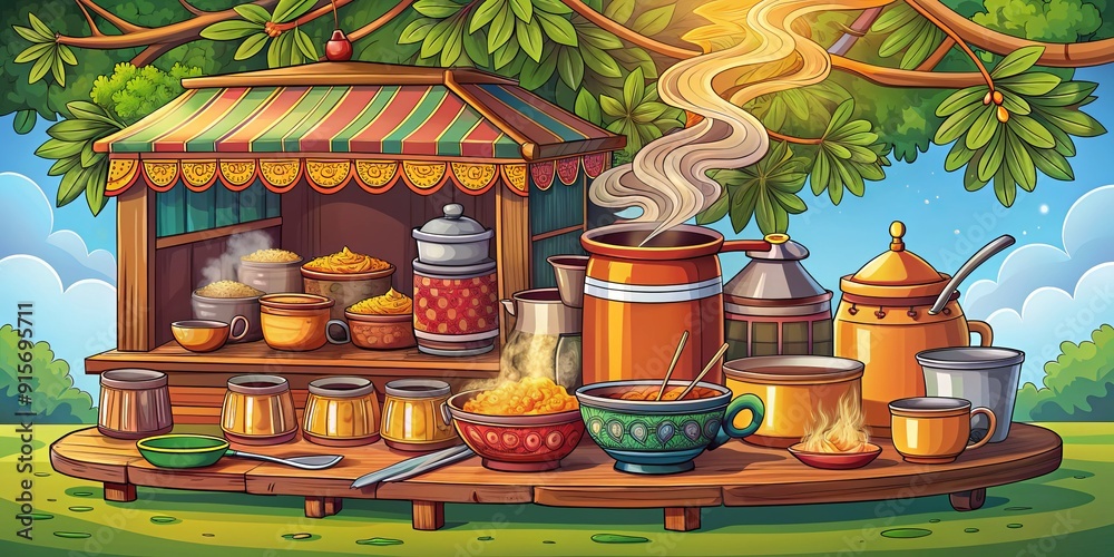 Colorful vector illustration of a traditional Indian Kerala roadside ...