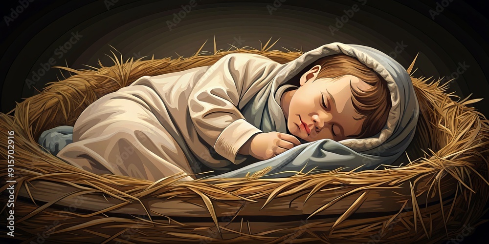 Delicate vector illustration of baby Jesus peacefully sleeping in a ...