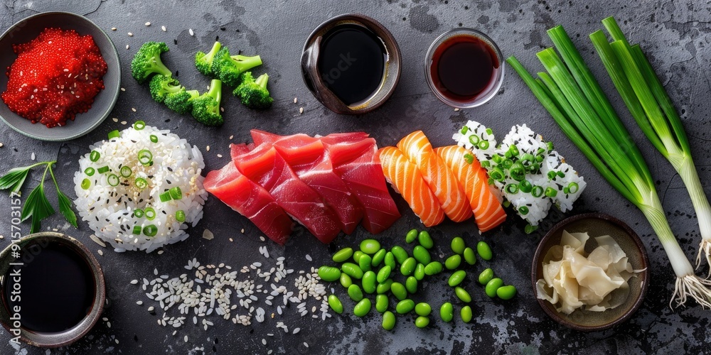 Sushi ingredients on a grey granite surface with ahi tuna rice green ...