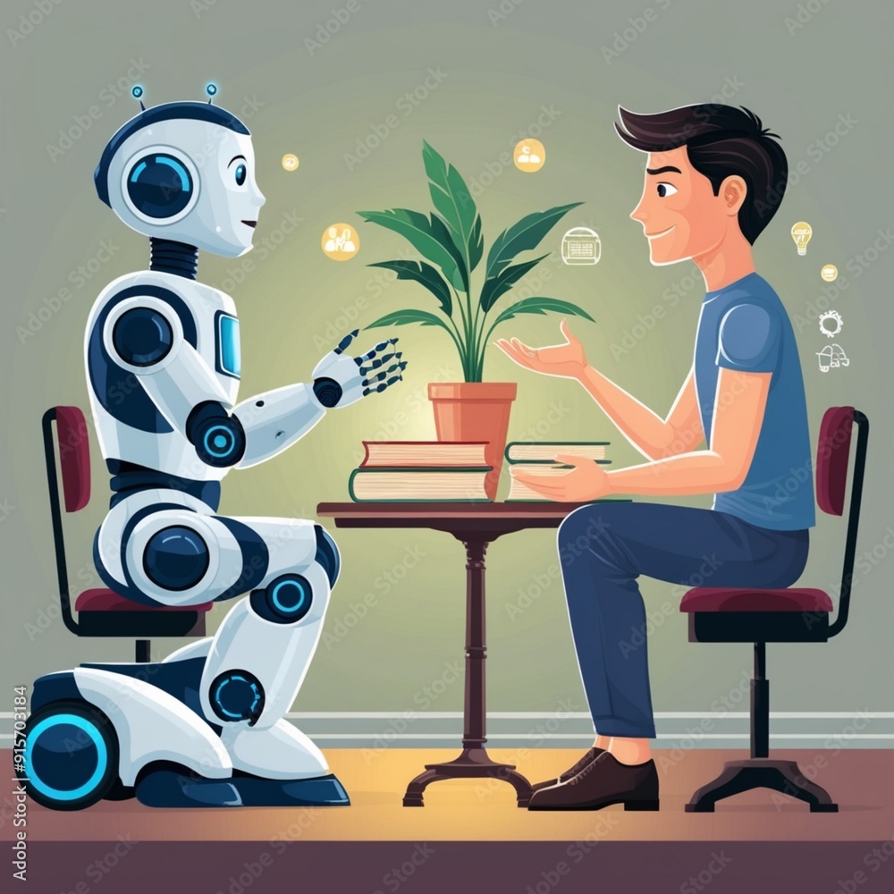 Ilustração representando relação entre homem e máquina. Robô e humano ...