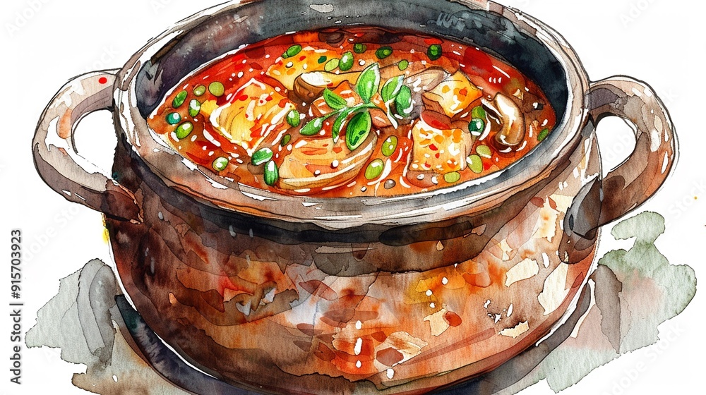 Kimchi jjigae (kimchi stew) in a clay pot,Clipart, watercolor ...