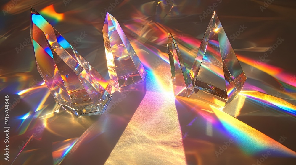 Various glass prisms and dichroic translucent stripes dispersing a ...