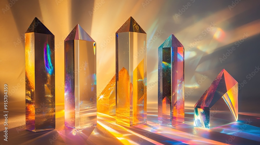 Various glass prisms and dichroic translucent stripes dispersing a ...