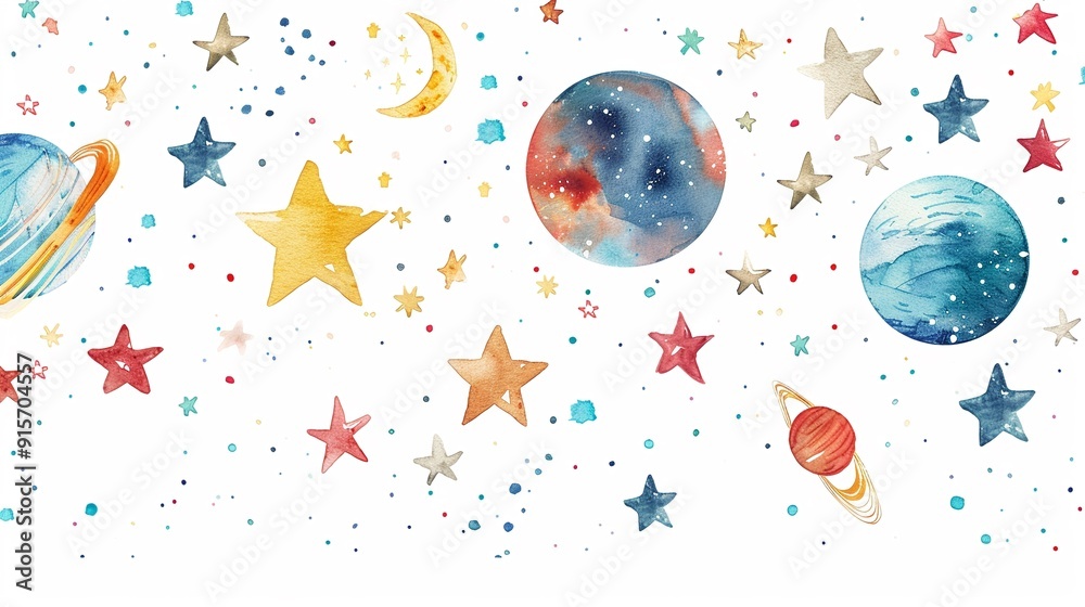 Celestial bodies (stars, galaxies, nebulae),Clipart, watercolor ...
