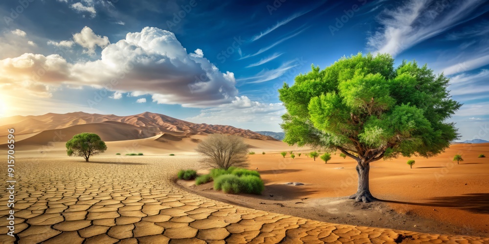 Dramatic contrast between lush green nature and barren desert landscape ...