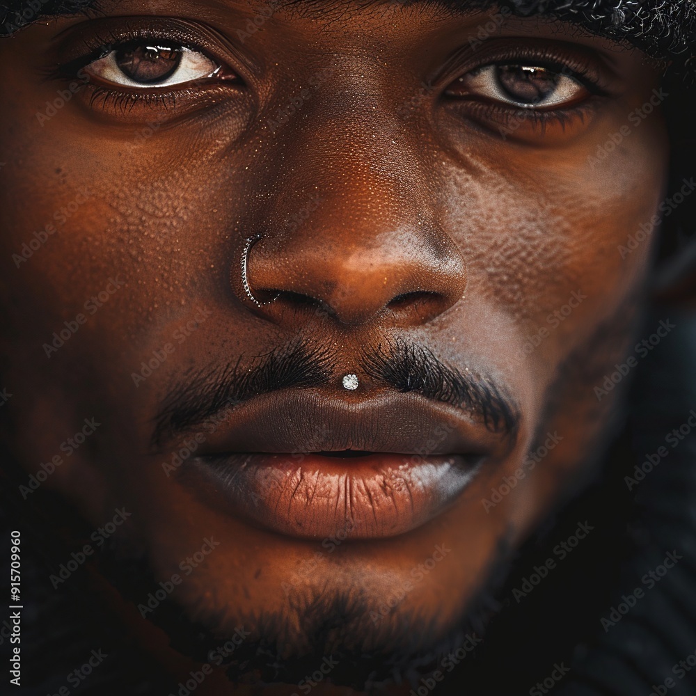 A close-up portrait of a man with a lip piercing, highlighting his ...