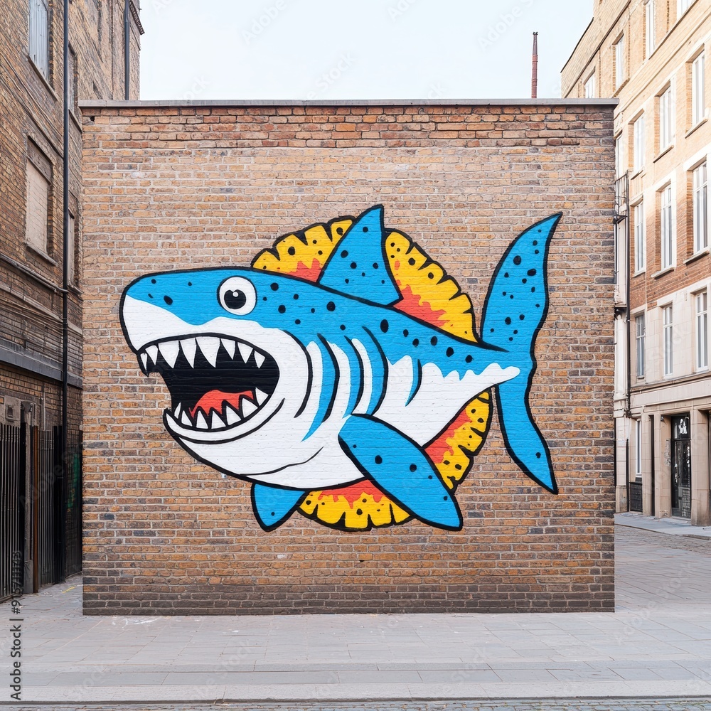 Vibrant shark mural on an urban brick wall, combining playful art with ...