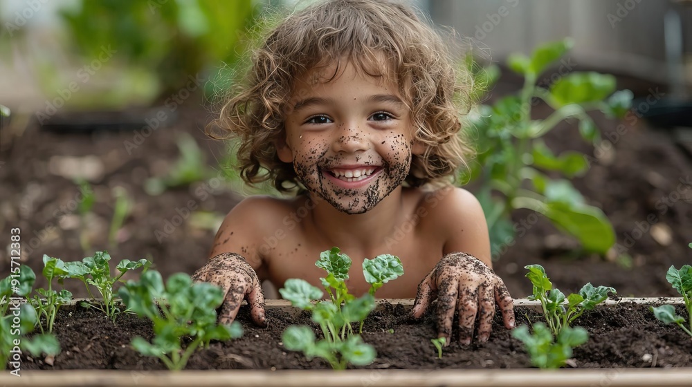 Child with a dirt-covered face, joyfully tending to small vegetable ...