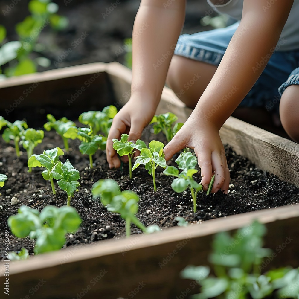 Child using their bare hands to carefully plant young vegetable ...
