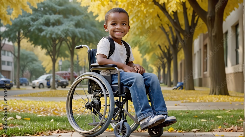 Foto de Niño en silla de ruedas, sonriente. Muestra que la capacidad ...