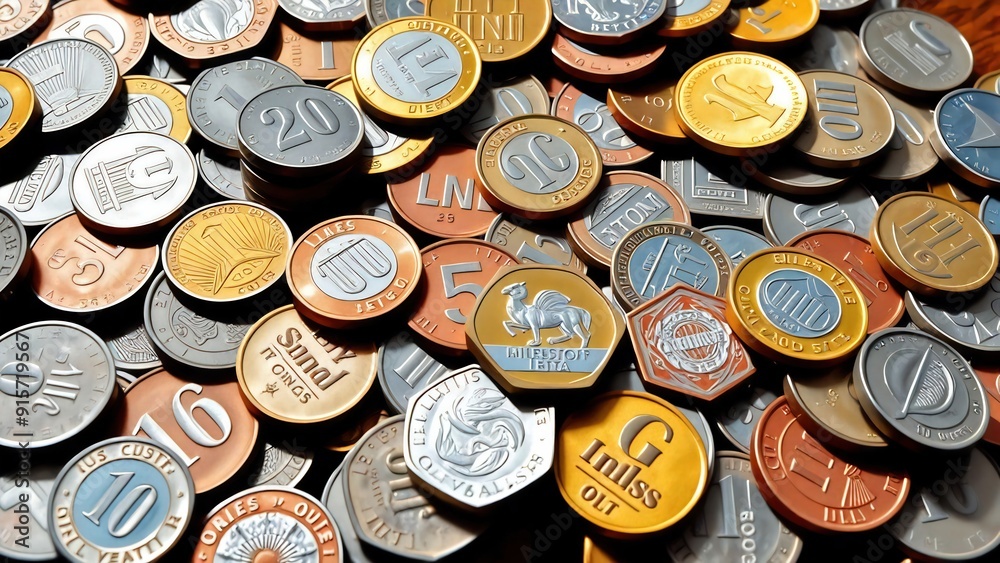Muchas monedas en el fondo. Simboliza la economía mundial. Monedas de ...