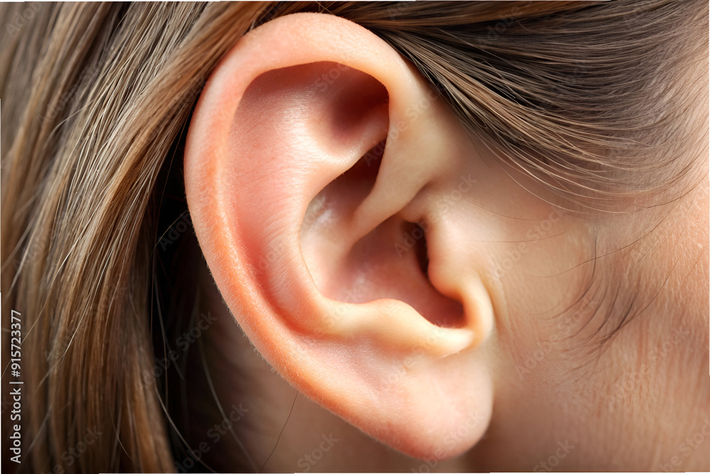 A woman's ear is shown in detail, with the ear lobe and the ear canal ...
