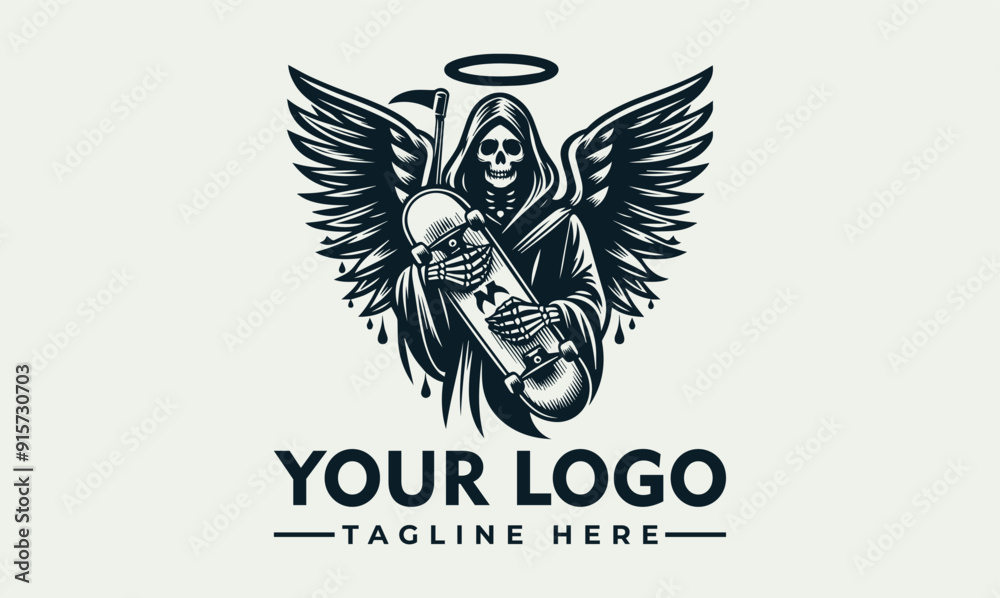 Skeleton angel wings holding skateboard and scythe vector logo depicts ...