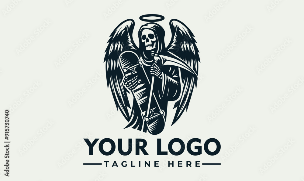 Skeleton angel wings holding skateboard and scythe vector logo depicts ...