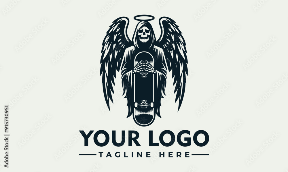 Skeleton angel wings holding skateboard and scythe vector logo depicts ...