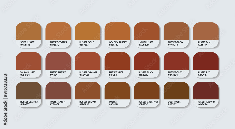 Russet Color Palette, Russet Color Guide Palette with Color Names. Catalog Samples of the Brown ...