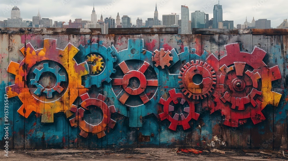 Graffiti street art on a city wall depicting colorful gears against a ...