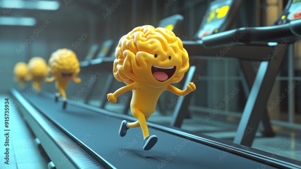 cartoon brain yellow with arms and legs is running on a treadmill Stock ...