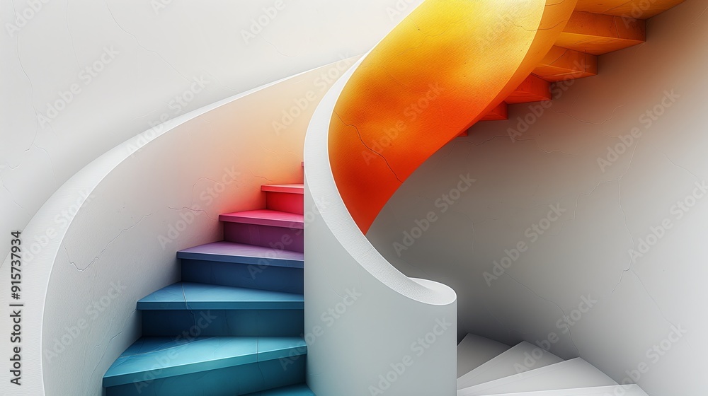 A colorful spiral staircase with rainbow steps in a modern interior ...
