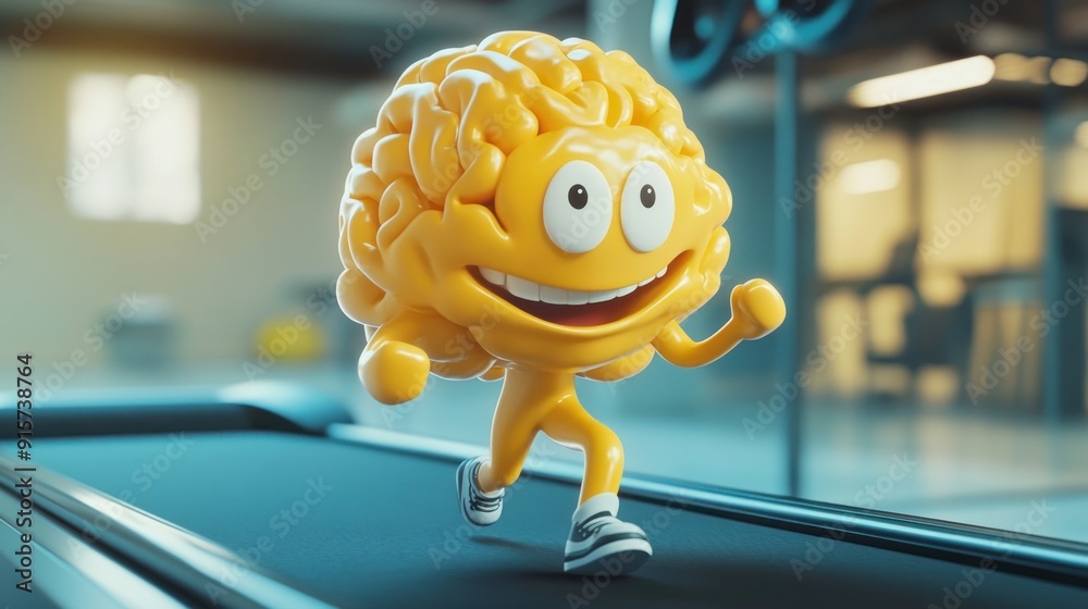 cartoon brain yellow with arms and legs is running on a treadmill Stock ...