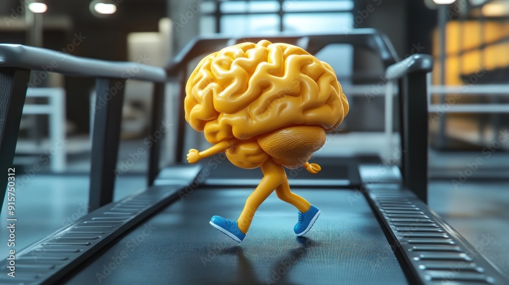 cartoon brain yellow with arms and legs is running on a treadmill Stock ...